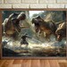 A Warrior Battling Three Tyrannosaurus Rexes Poster Knight Vs. T-rex ...