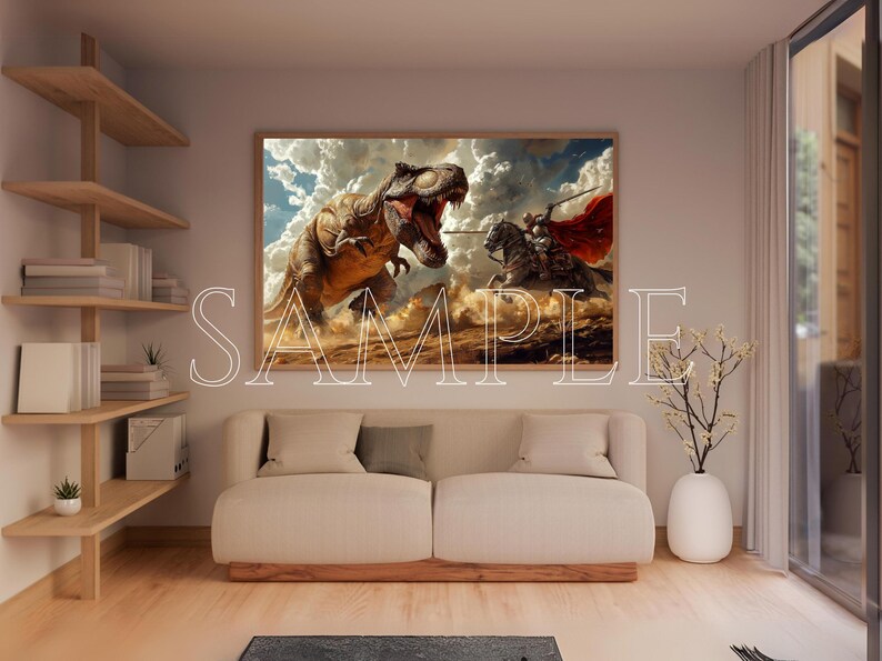 Knight Battling T-rex Poster Medieval Knight on Horseback Fighting a ...
