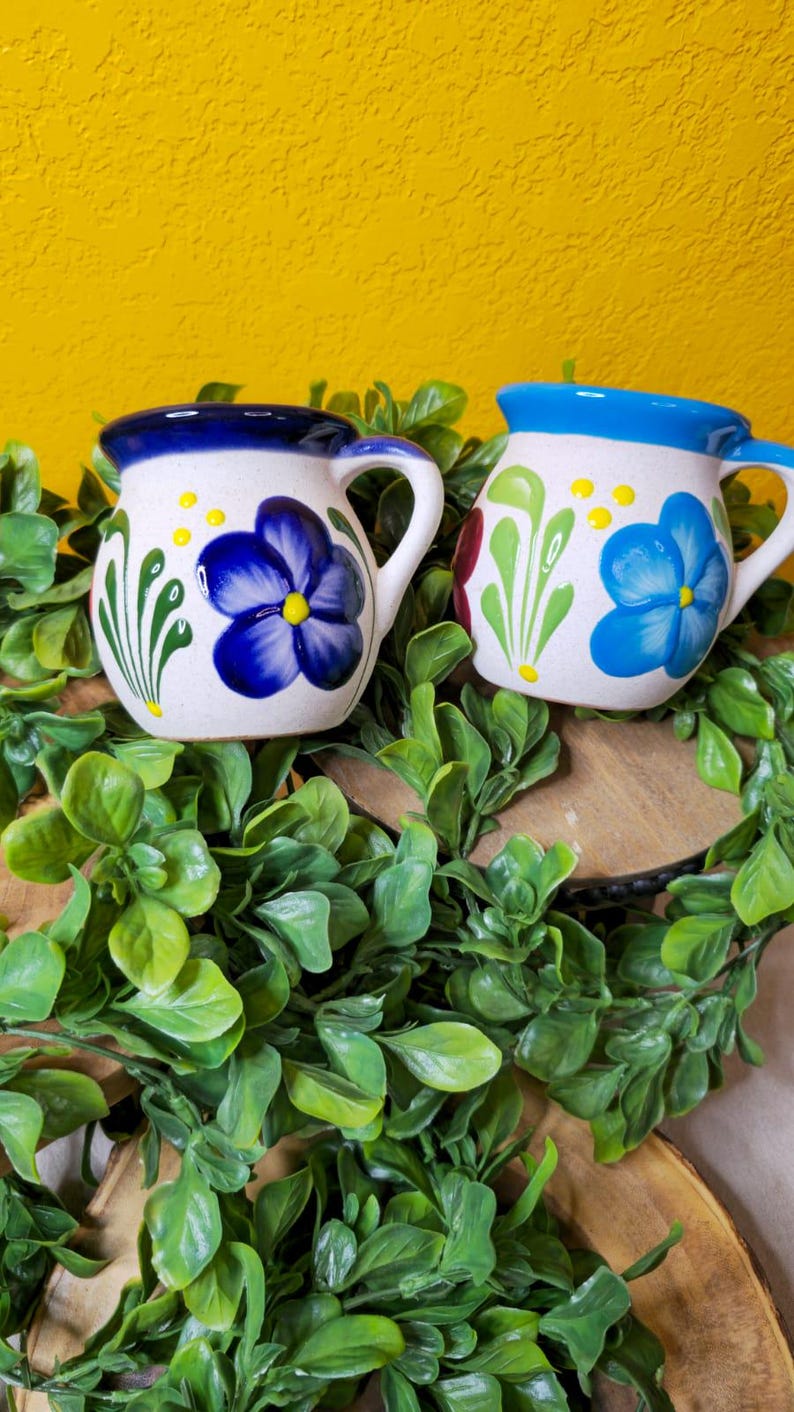 Mexican Clay Mug: Floral Barro Jarro for Cafe De Olla (16oz) - Etsy