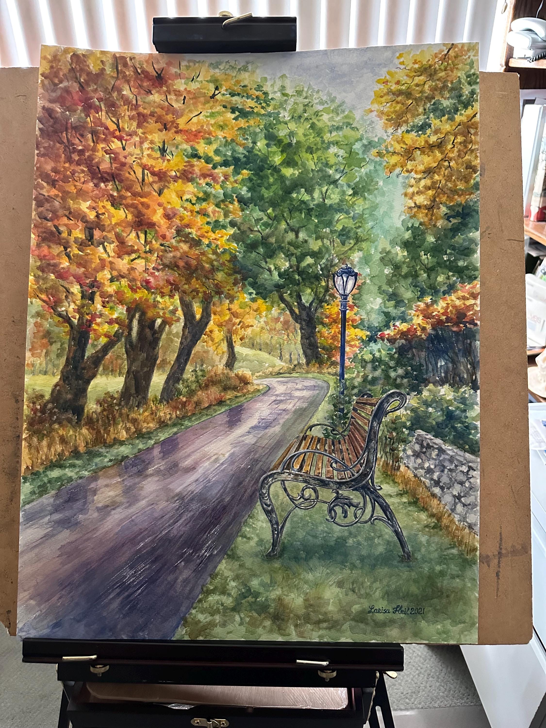 Bench in the Park Watercolor Painting| Handmade Original Art| Park ...