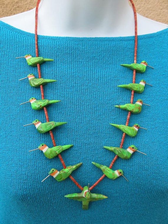 Hand-carved 13 Hummingbird Mojave Turquoise Necklace,… - Gem