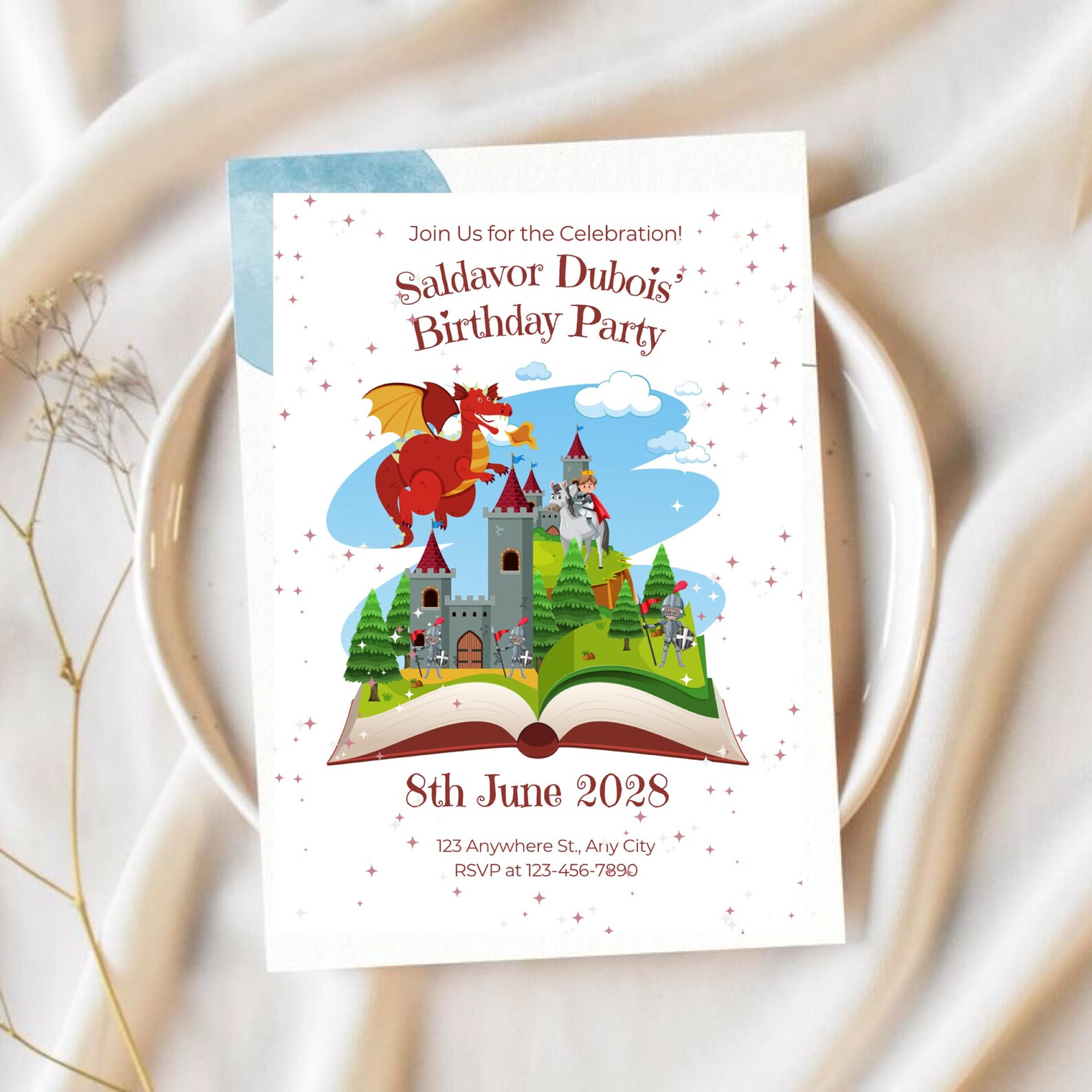 Medieval Fantasy Birthday Invitation, Knight and Dragon Kids Party Card ...