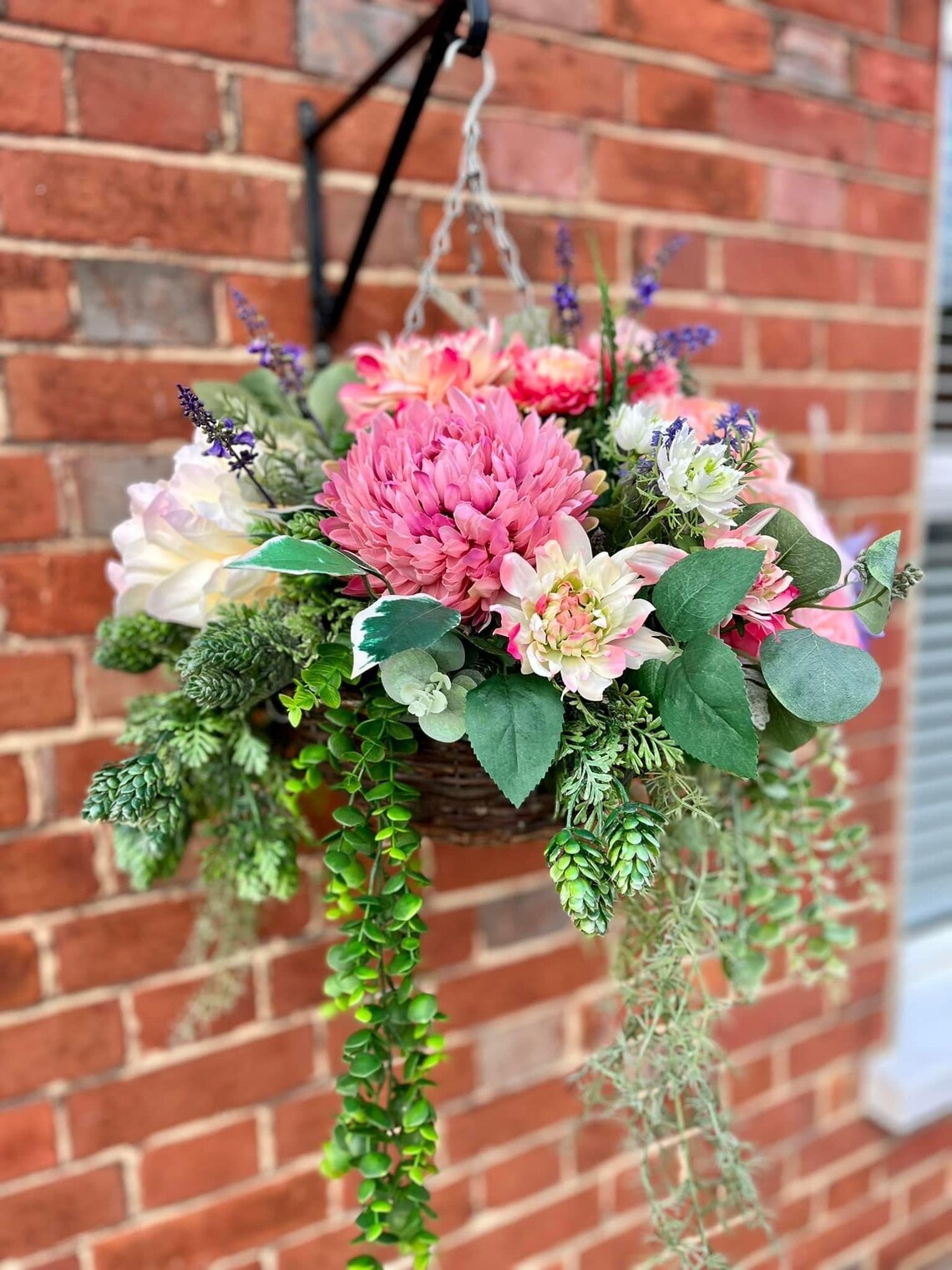 Pastel Pink & Lilac Rose Hanging Basket Handmade With Artificial ...