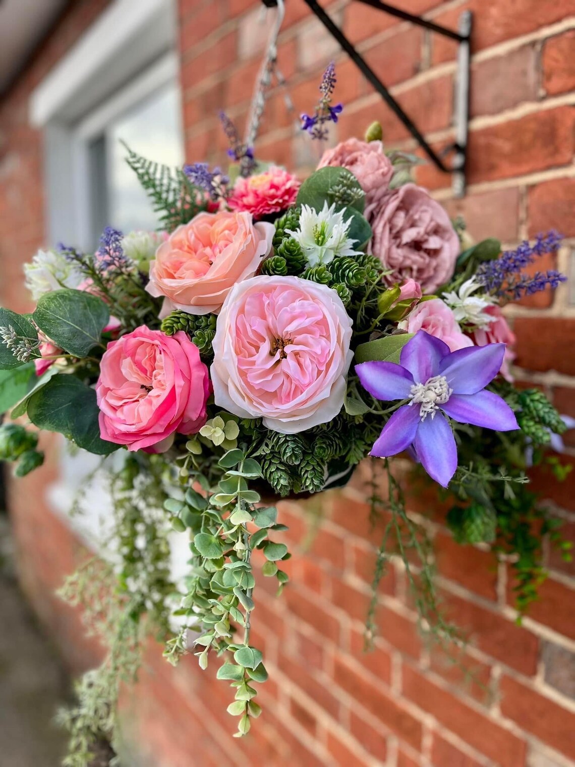 Pastel Pink & Lilac Rose Hanging Basket Handmade With Artificial ...