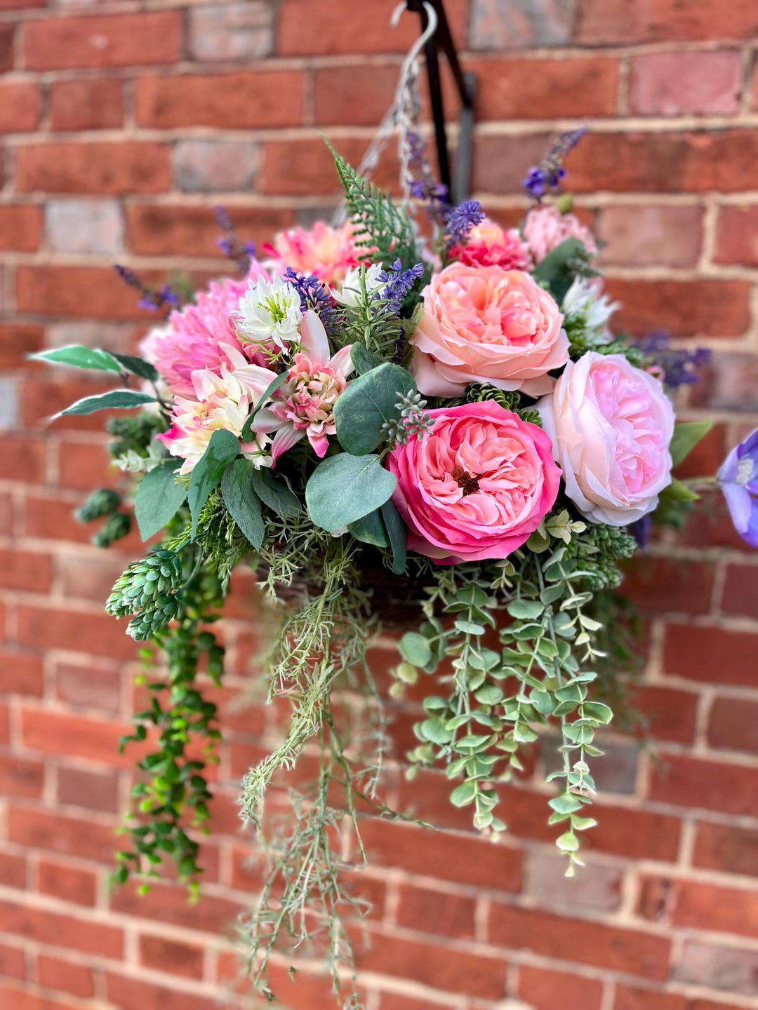 Pastel Pink & Lilac Rose Hanging Basket Handmade With Artificial ...