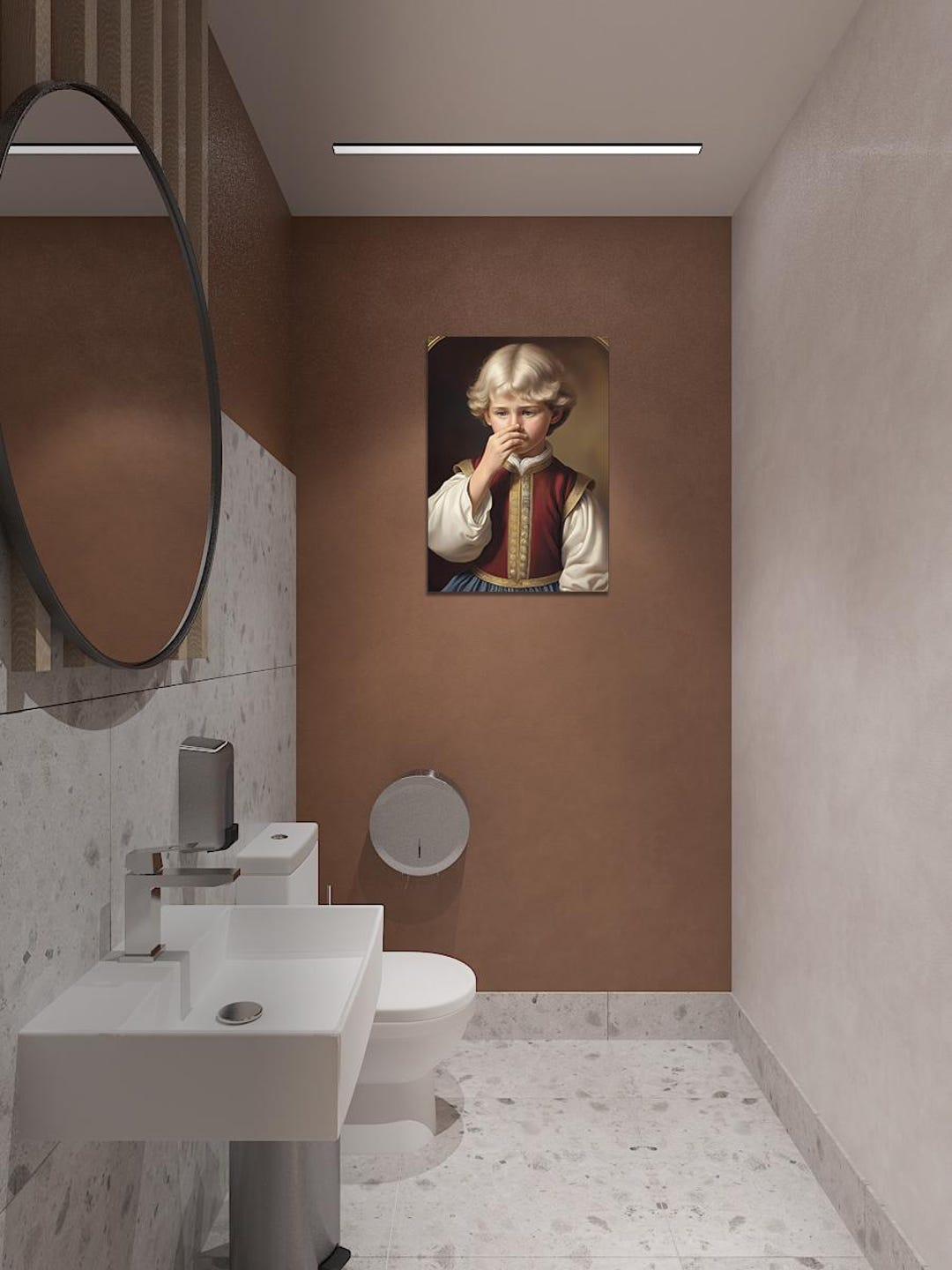 Funny Renaissance Style Bathroom Wall Art, Boy Holding His Nose, Quirky ...