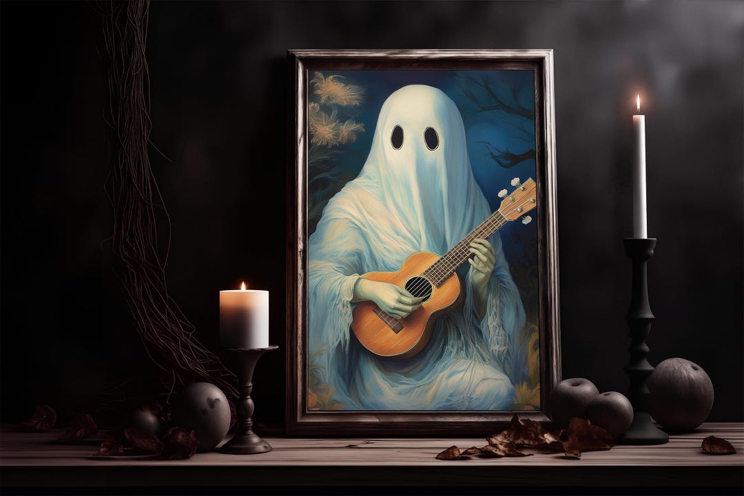 Ghost Playing Ukulele, Moody Dark Printable, Halloween Wall Art ...