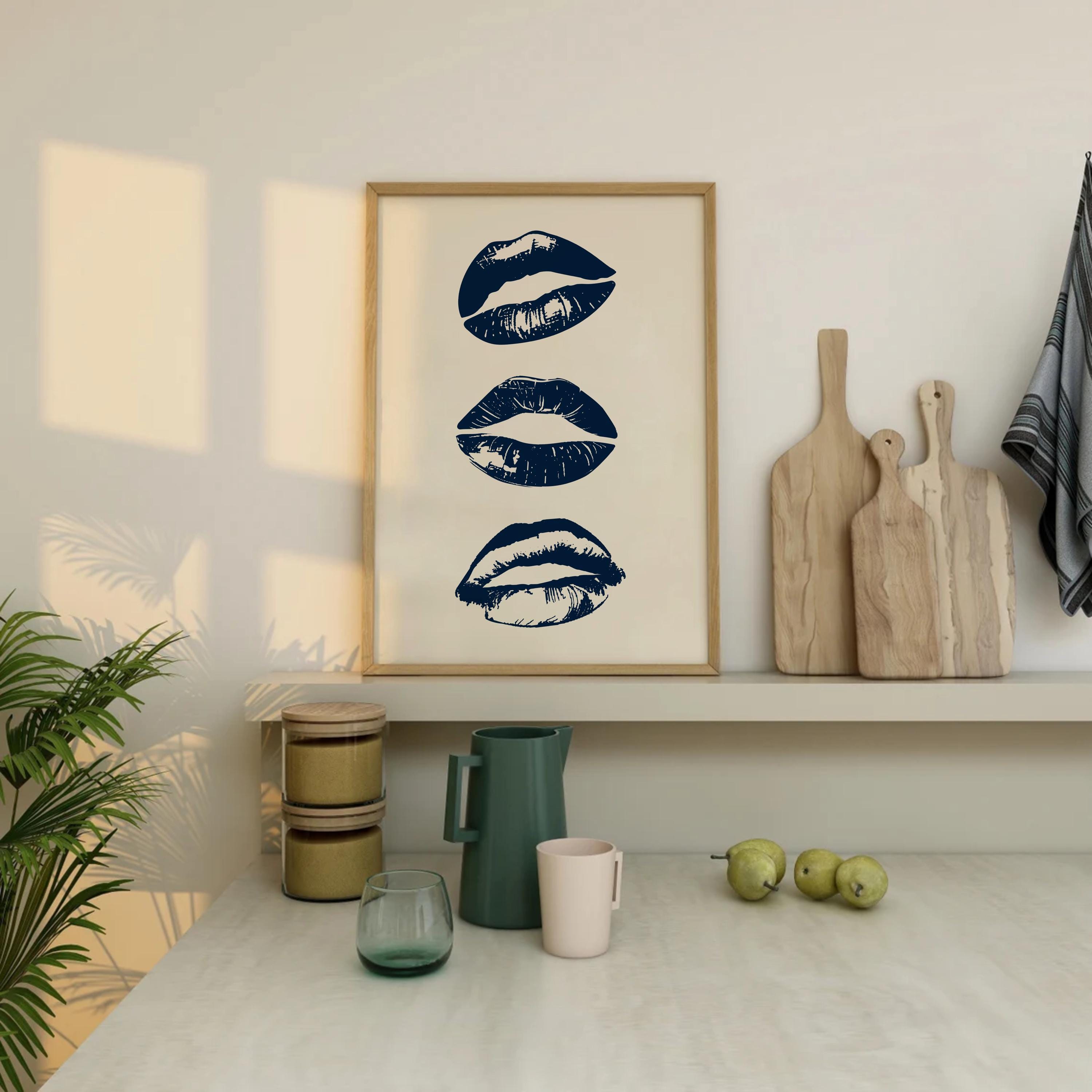 Navy Blue Lips Kiss Wall Art Aesthetic Trendy Wall Art Blue Art Print ...
