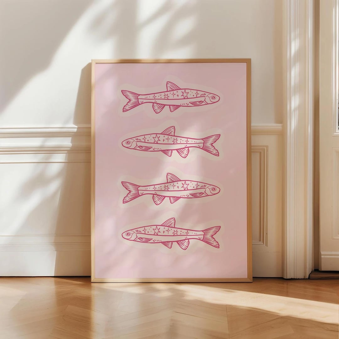Pink Sardines Fish Art Print Pink Wall Art Trendy Seafood Aesthetic ...