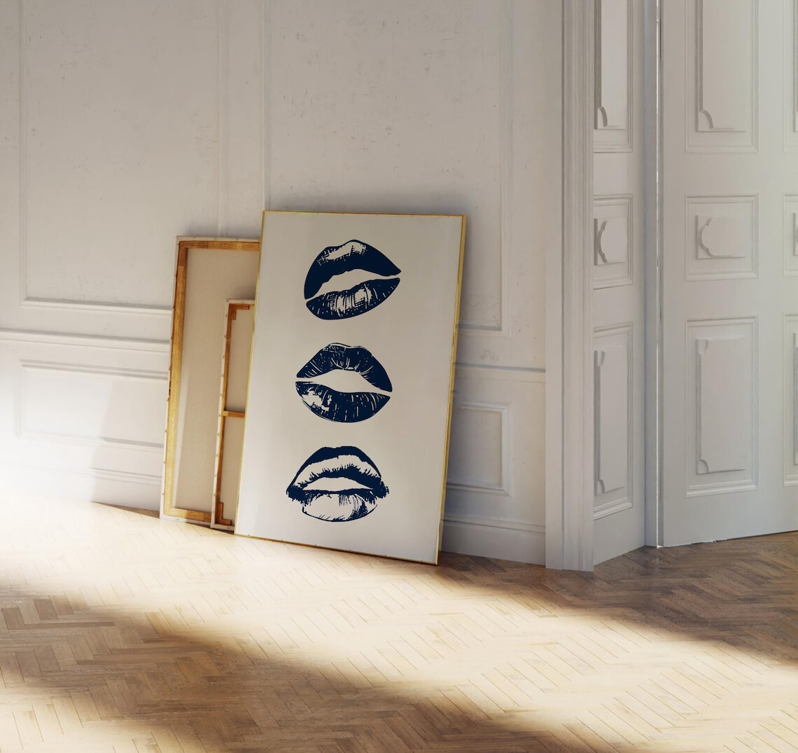 Navy Blue Lips Kiss Wall Art Aesthetic Trendy Wall Art Blue Art Print ...