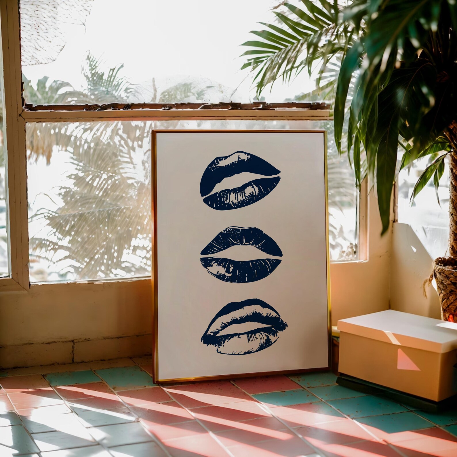 Navy Blue Lips Kiss Wall Art Aesthetic Trendy Wall Art Blue Art Print ...
