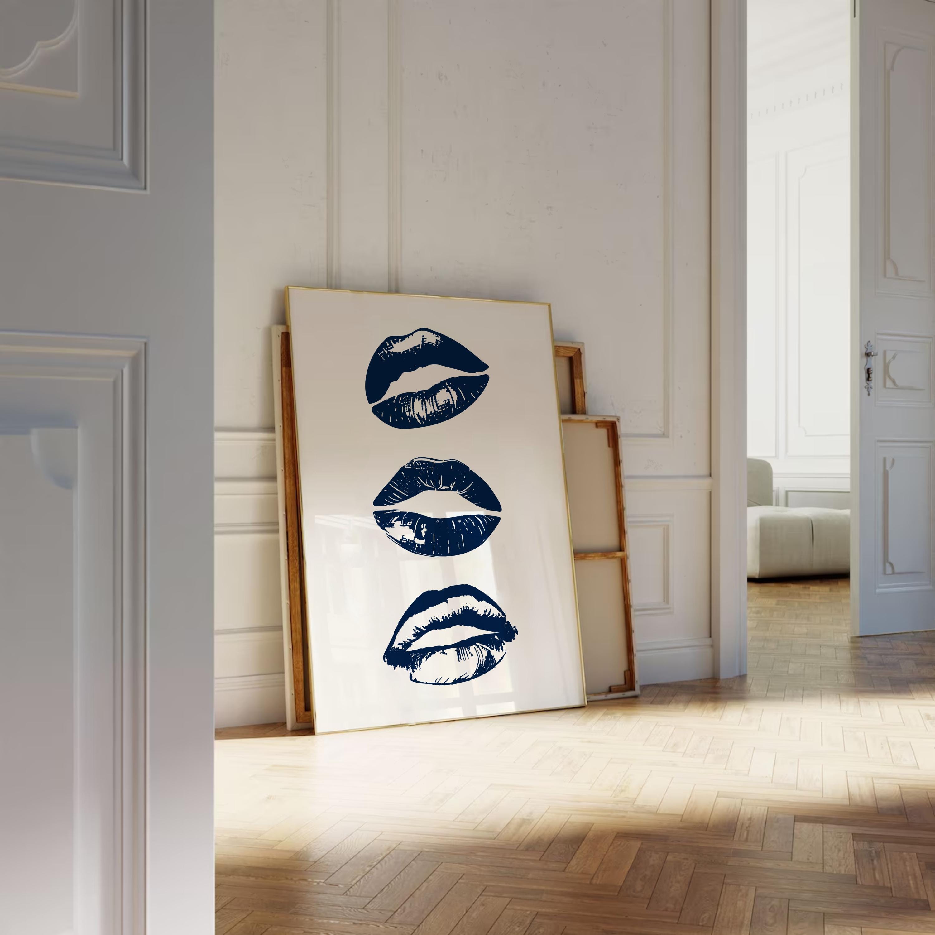 Navy Blue Lips Kiss Wall Art Aesthetic Trendy Wall Art Blue Art Print ...