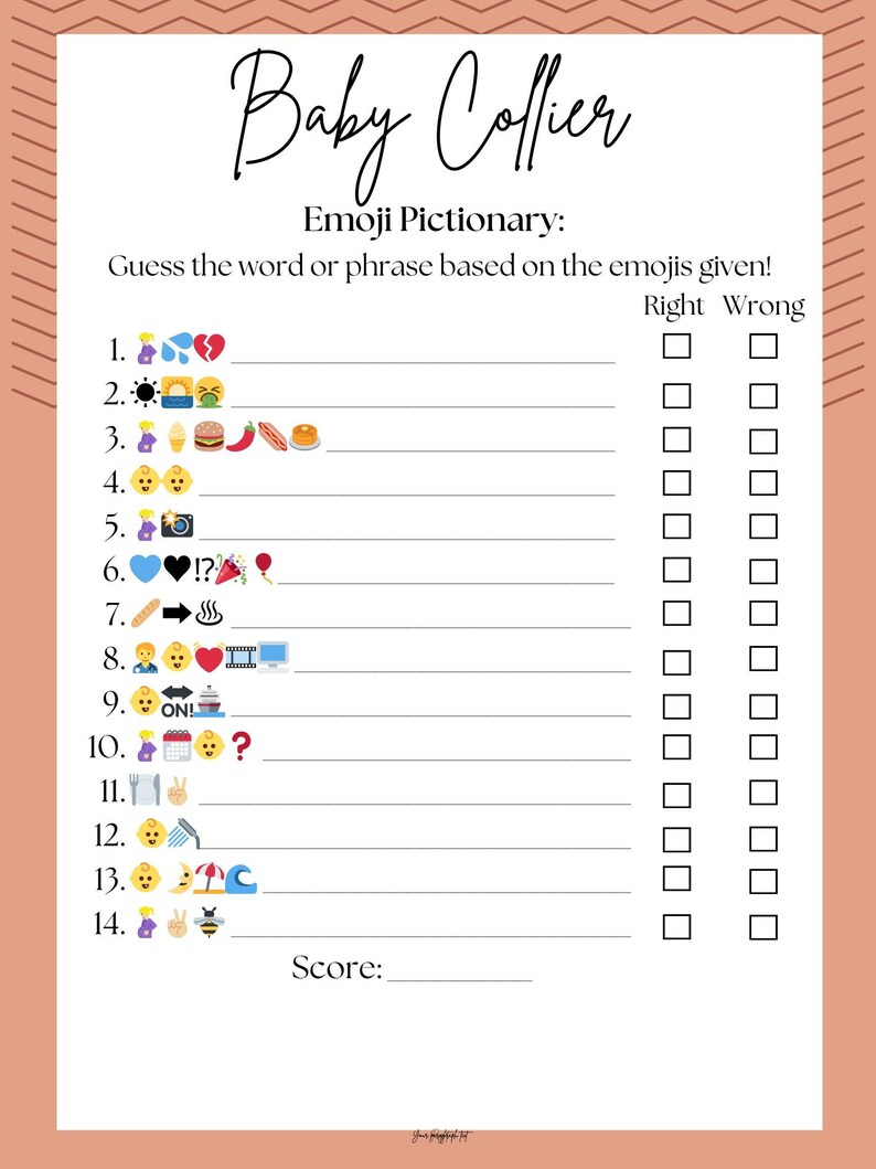 Baby Shower Game Emoji Pictionary Editable Template Answer Key Included ...