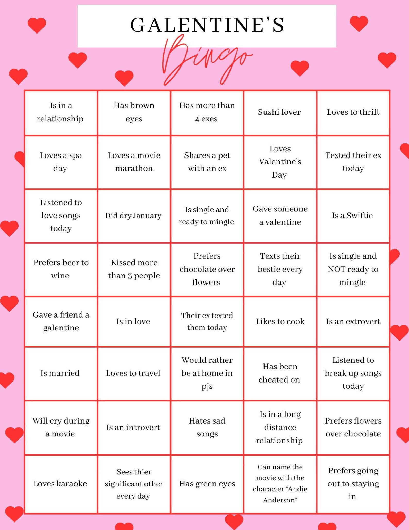 Galentine's Bingo Game Editable Template Valentine's Day - Etsy