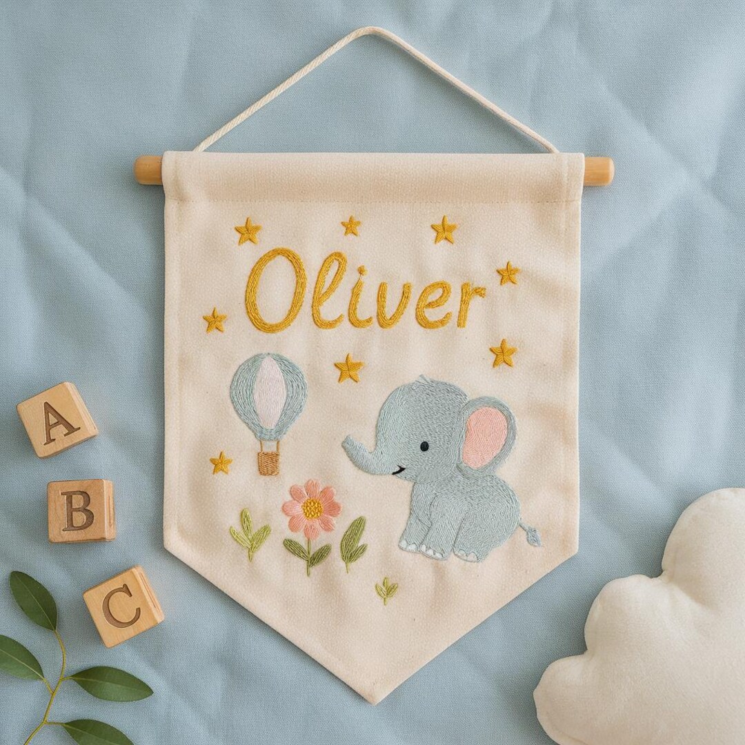 Personalized Embroidered Elephant & Baby Name Banner: Woodland Animal ...