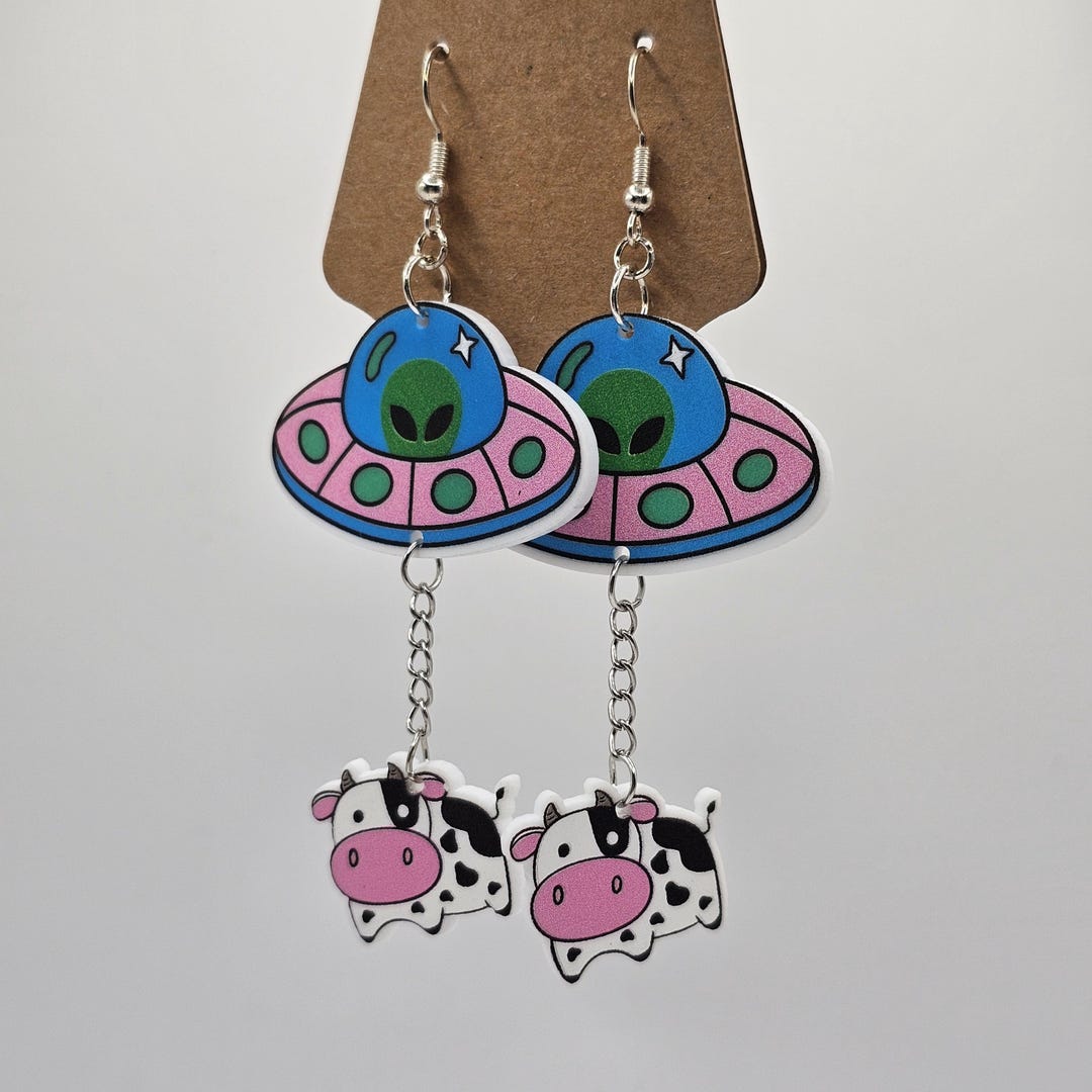 Alien Cow Abduction Earrings | Funny UFO & Cow Dangle Earrings | Cute ...