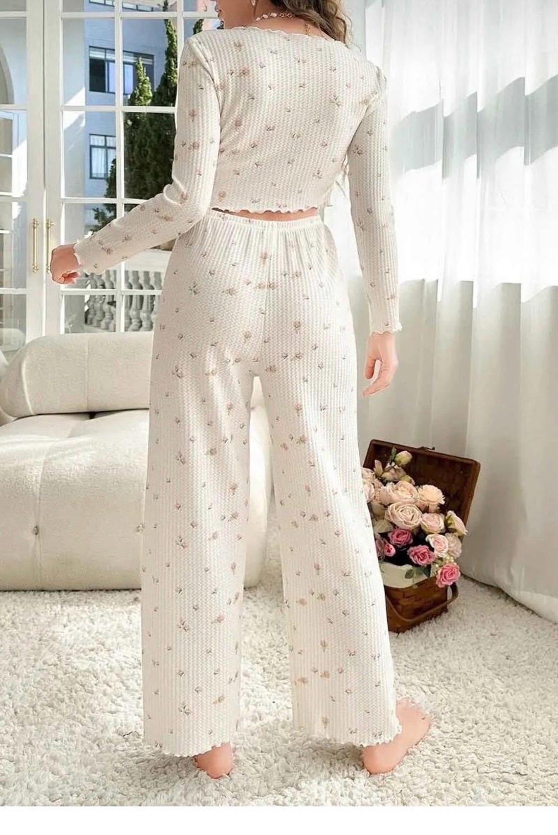 Floral White Crop Pajama Set Long Sleeve and Pants, With Frill Details ...