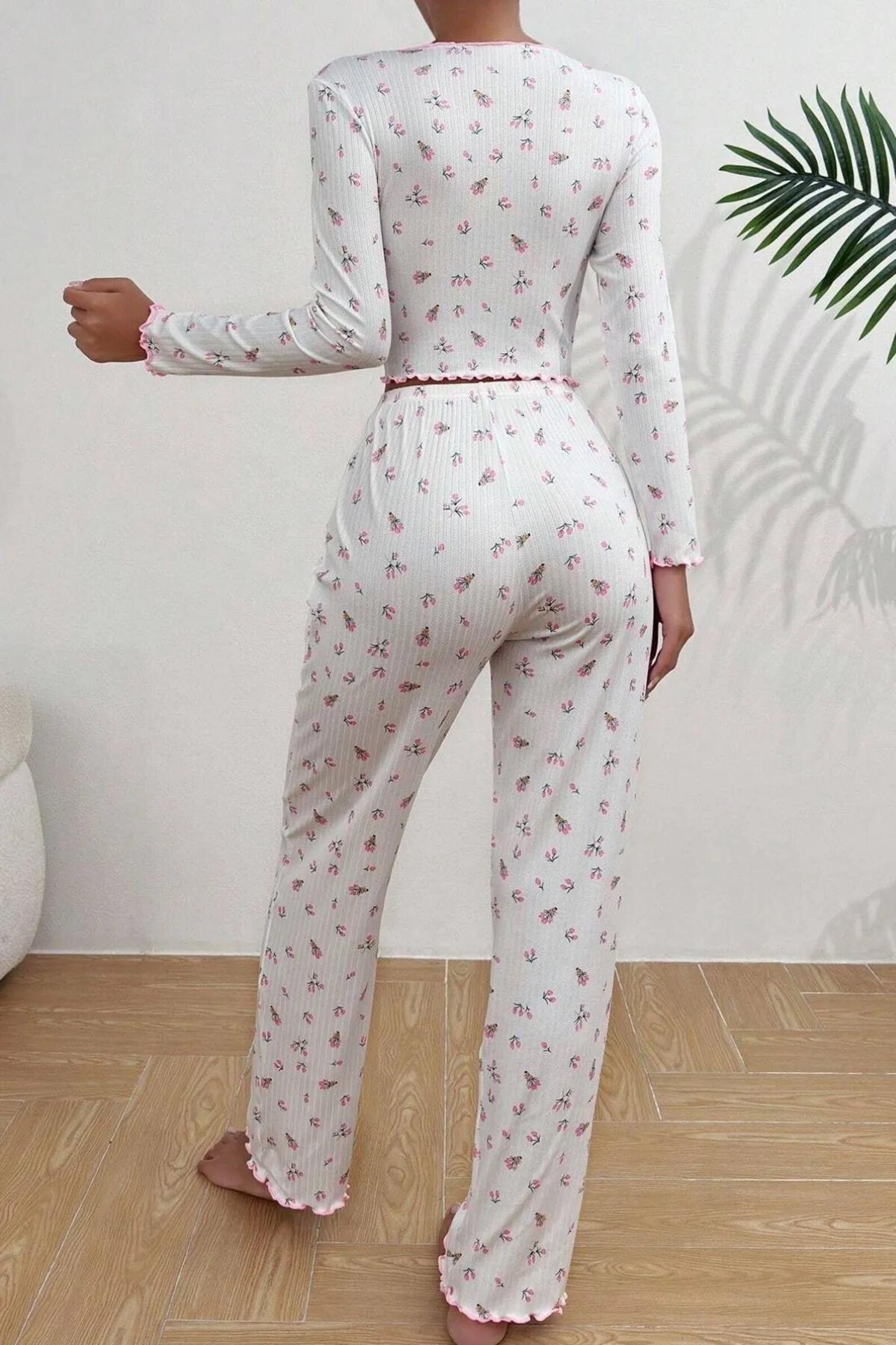 Floral White Crop Pajama Set Long Sleeve and Pants, Pink Floral Pajama ...