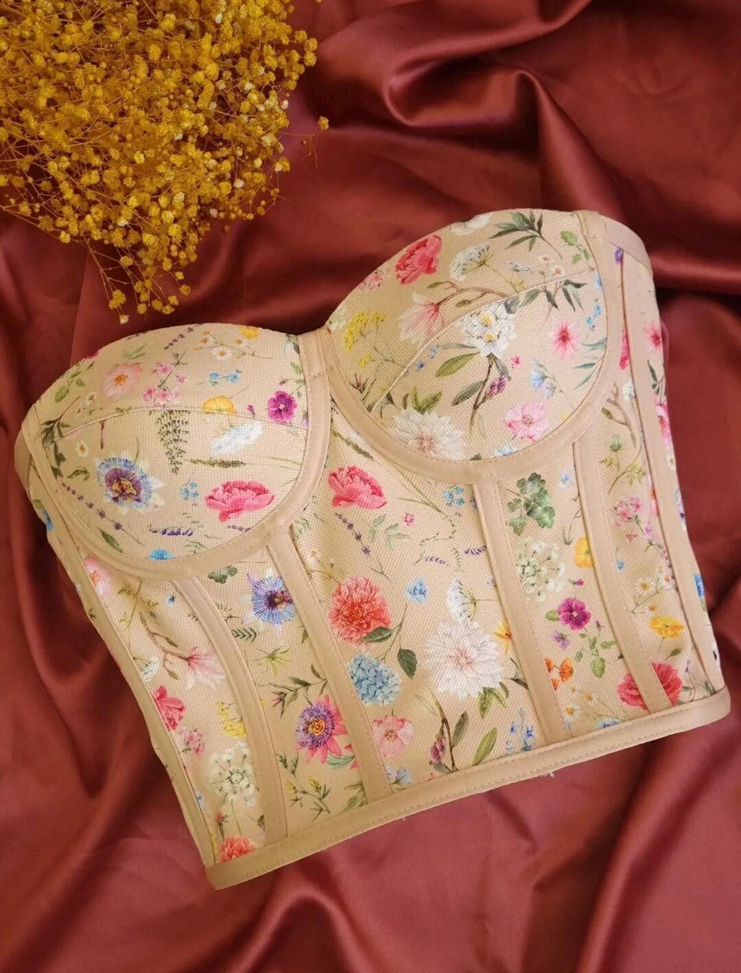 Victorian Bustier, Retro Beige Floral Corset Bustier Top – Romantic ...