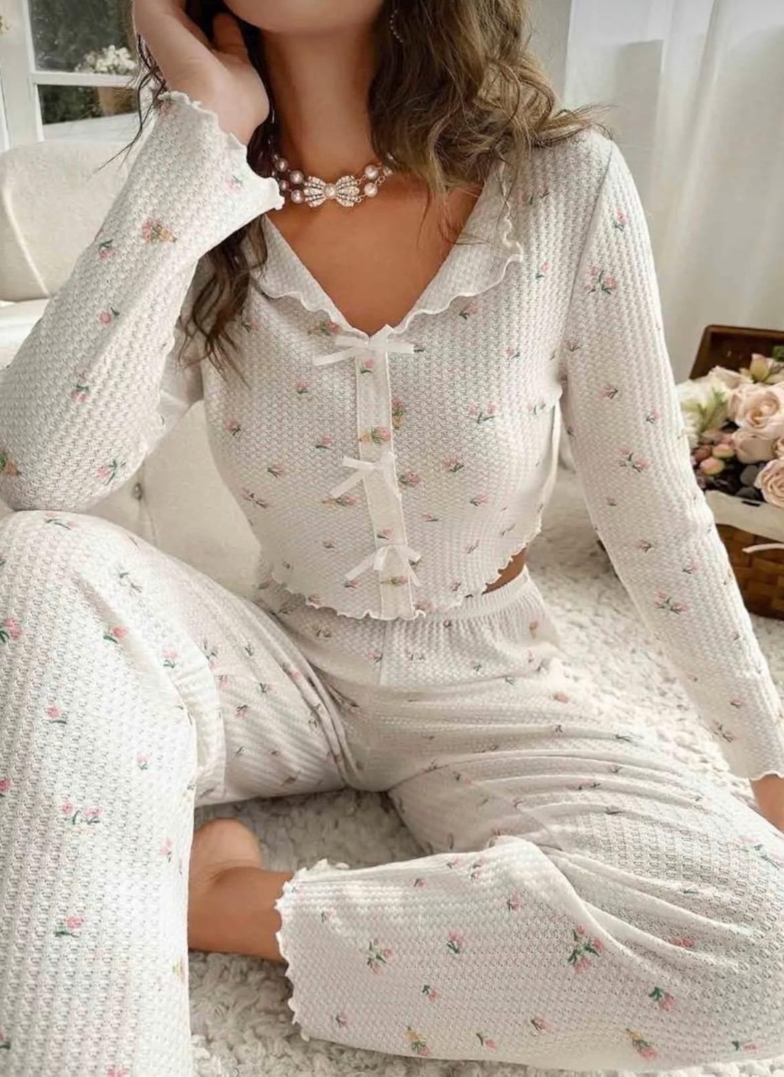 Floral White Crop Pajama Set Long Sleeve and Pants, With Frill Details ...