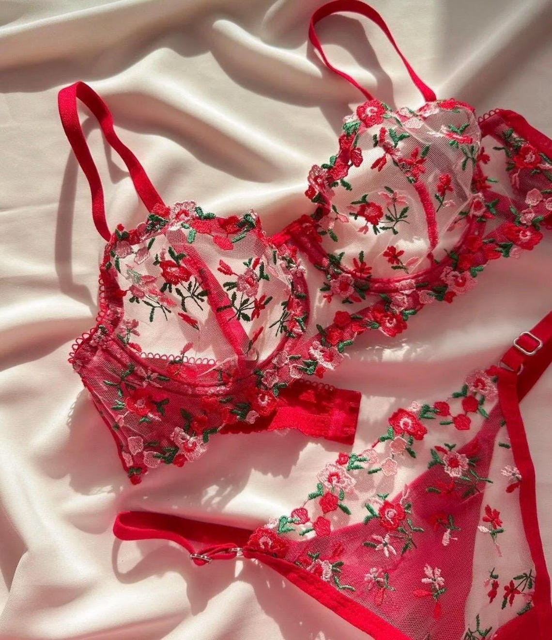 Vintage Red Sheer Tulle Bralette Set With Rose Motifs - Etsy
