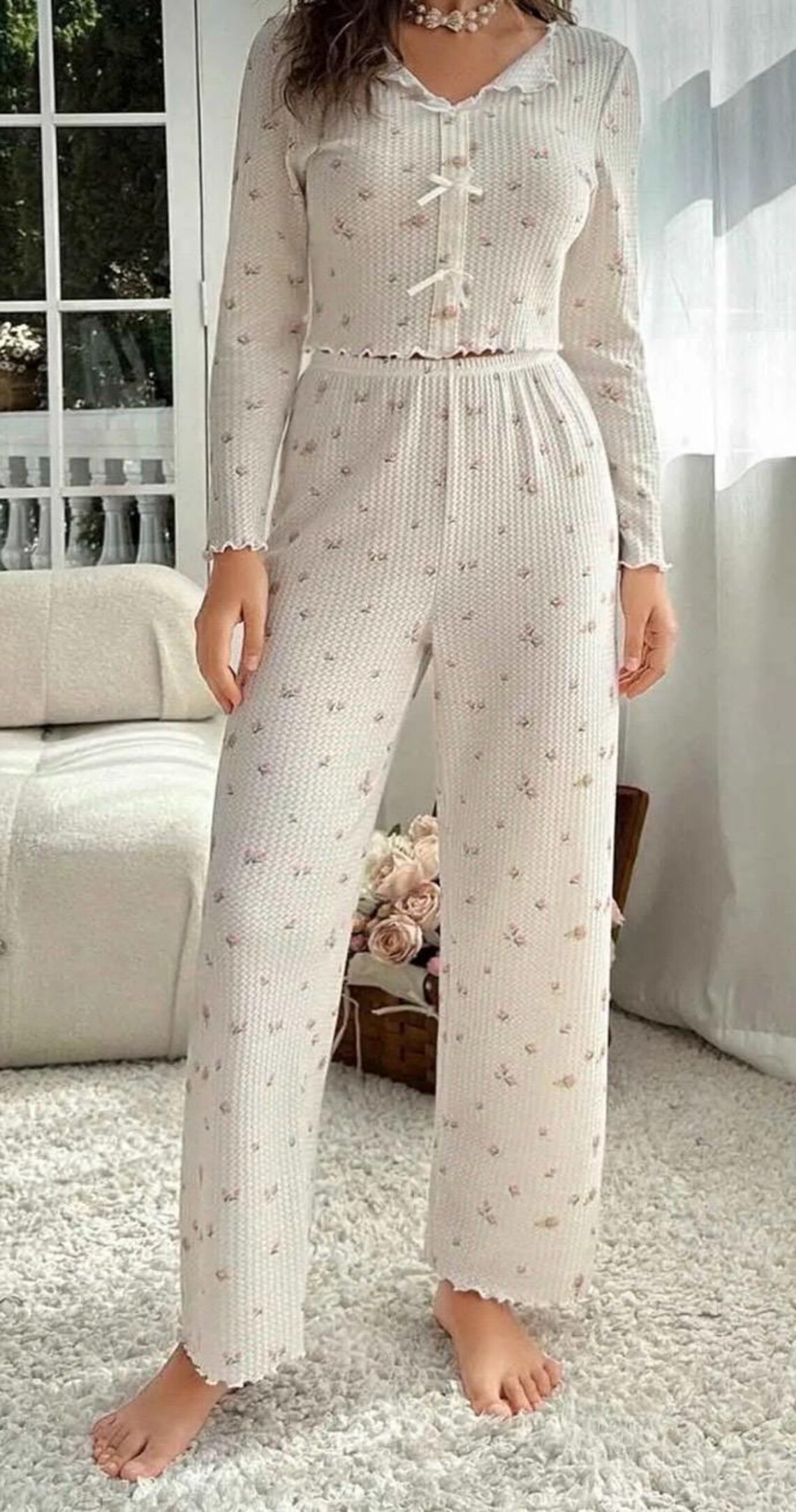 Floral White Crop Pajama Set Long Sleeve and Pants, With Frill Details ...