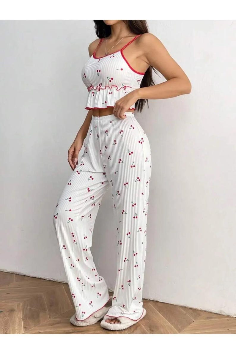 Cherry Print Pajama Set Ruffle Top Stretchy Cotton Blend - Etsy