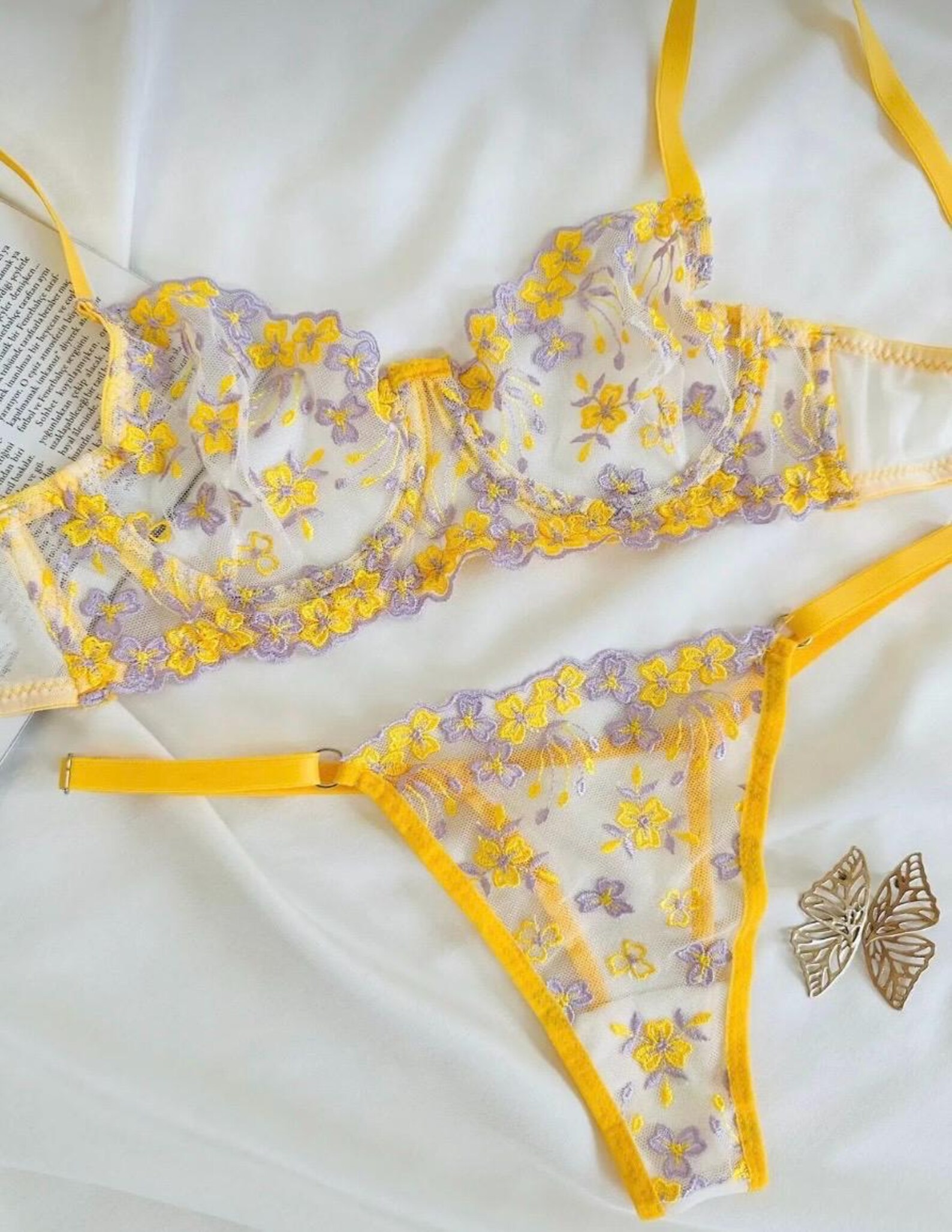 Floral Embroidered Sheer Bralette Set Yellow and Purple Cute Bralette ...