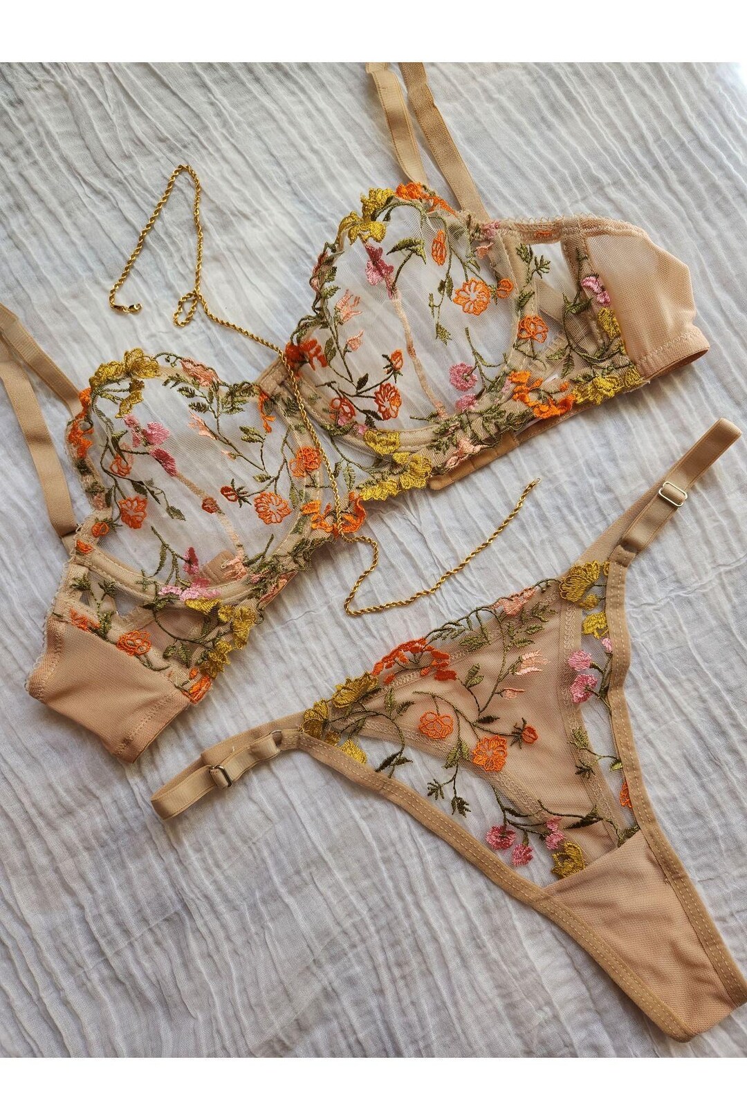 Yellow Floral Underwire Bra Set – Sheer Tulle Bralette & Thong Lingerie ...