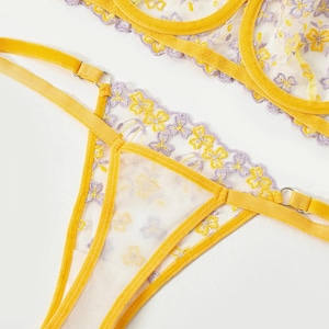 Floral Embroidered Sheer Bralette Set Yellow and Purple Cute Bralette ...