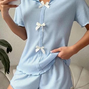 Bow Pajama Set — Cute Baby Blue Pajama Set, Gift İdea Pajamas - Etsy