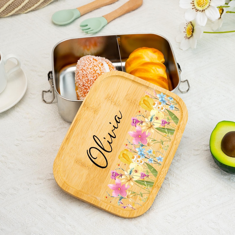 Personalised Flowers Lunch Box With Wooden Lid,custom Name Stainless ...
