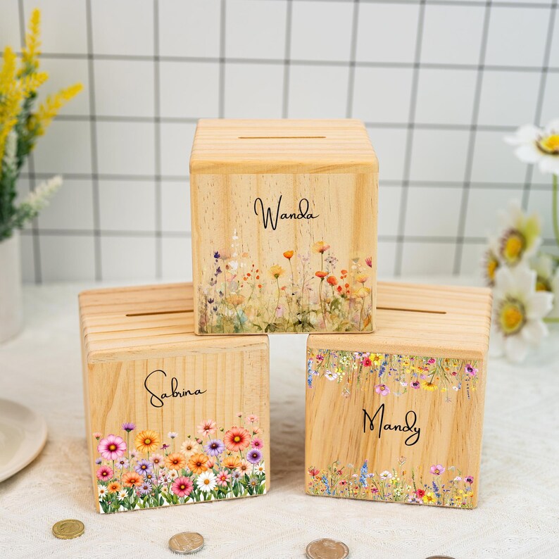Personalized Birth Flower Piggy Bank for Baby Girl,wooden Money Box ...