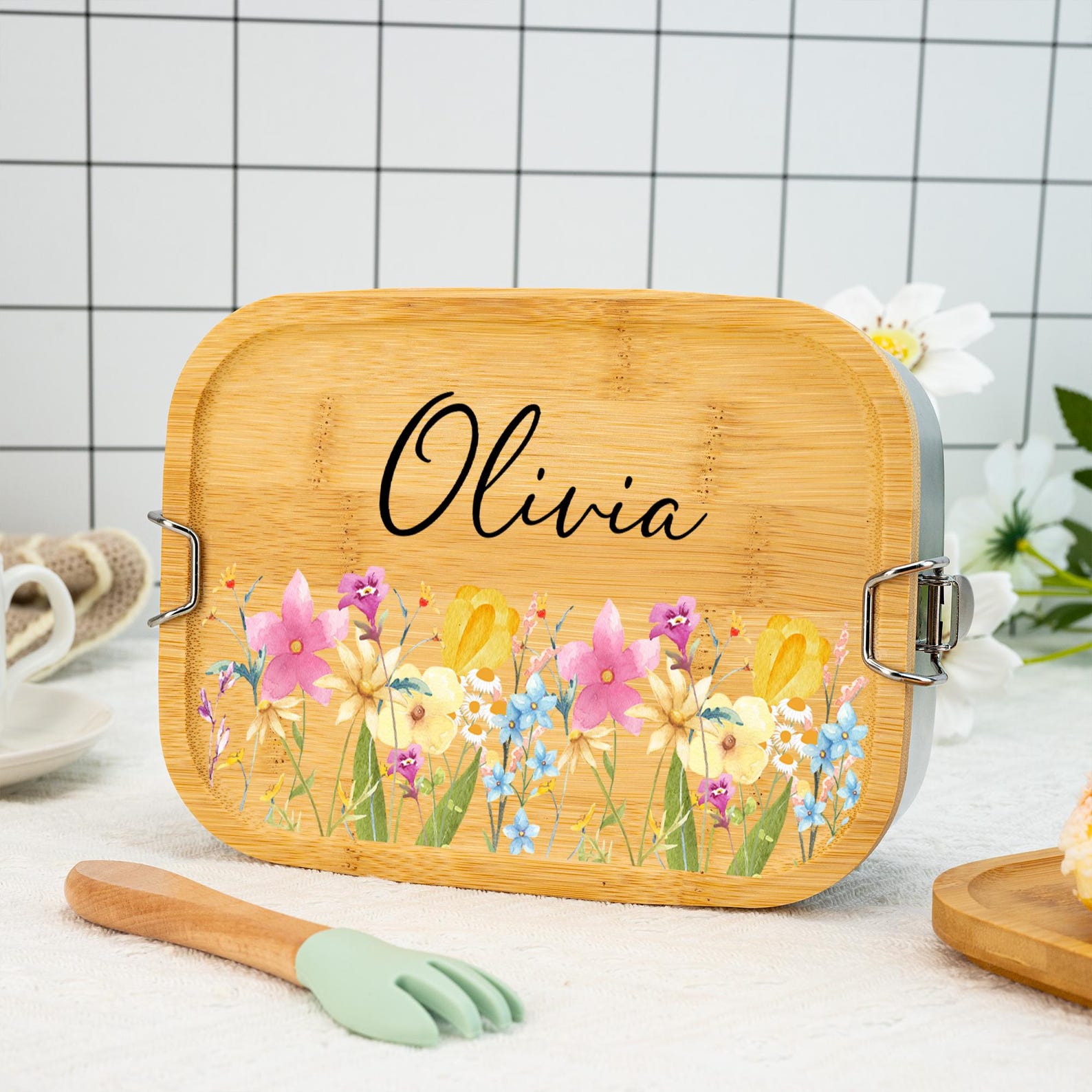 Personalised Flowers Lunch Box Custom Name Stainless Steel Lunch Box ...