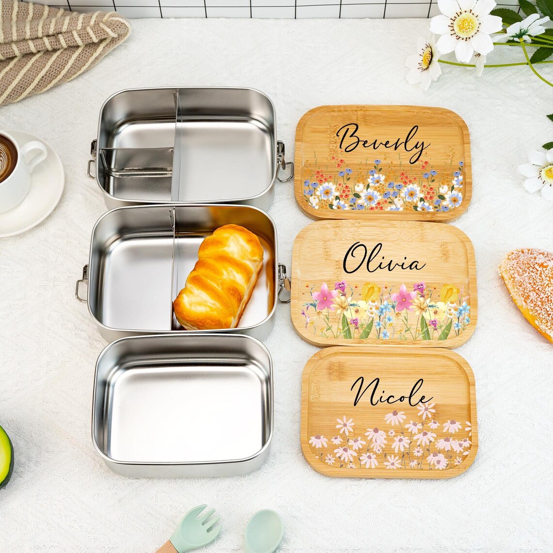 Personalised Flowers Lunch Box Custom Name Stainless Steel Lunch Box ...