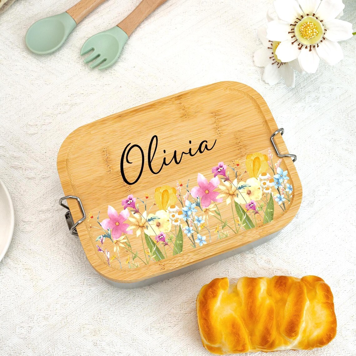 Personalised Flowers Lunch Box Custom Name Stainless Steel Lunch Box ...