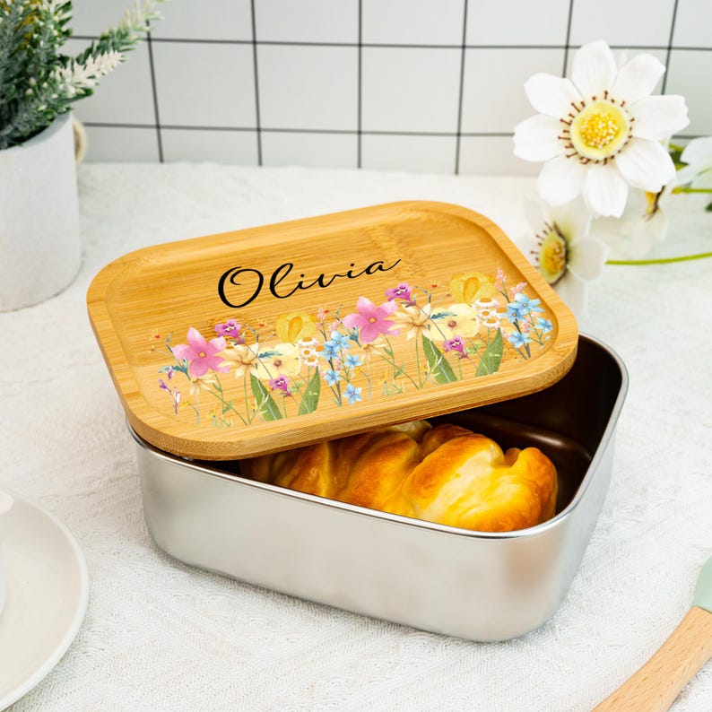Personalised Flowers Lunch Box With Wooden Lid,custom Name Stainless ...