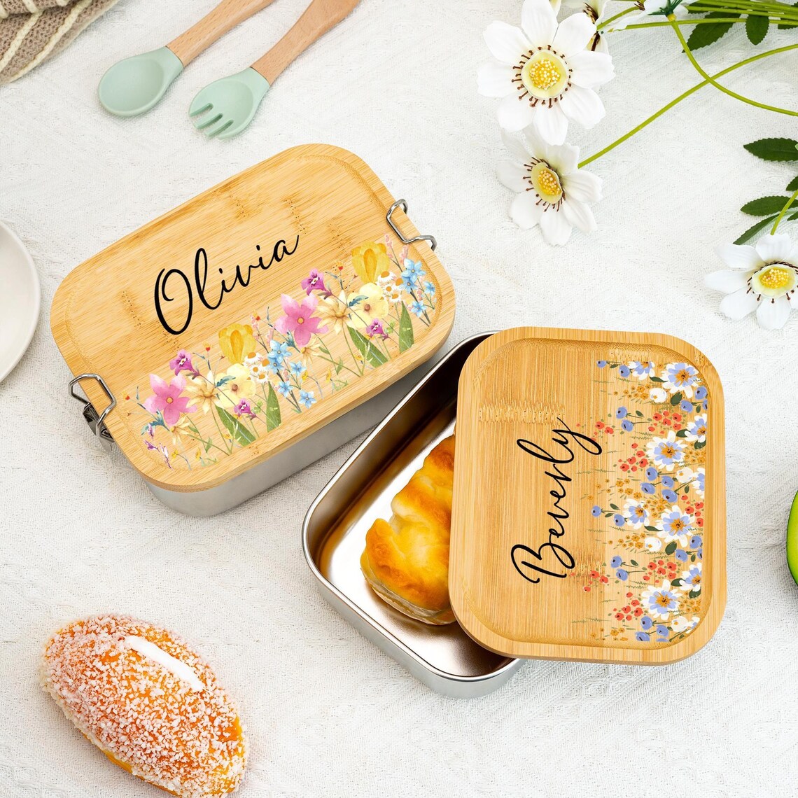 Personalised Flowers Lunch Box With Wooden Lid,custom Name Stainless ...