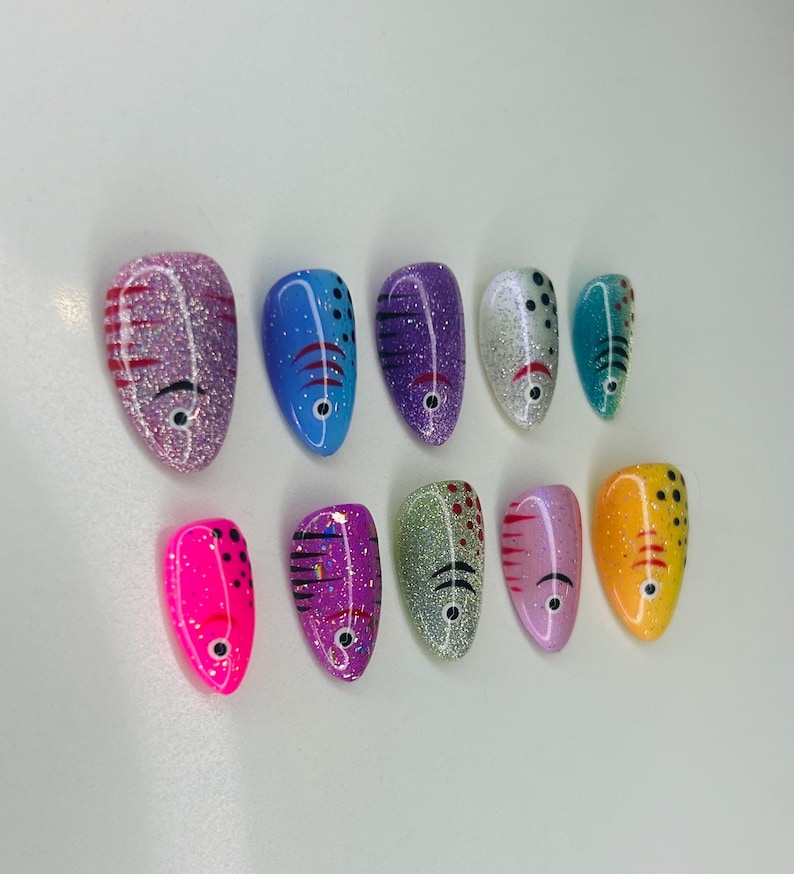 Fishing Lure Nails | Summer Nails | Hand Painted Press on Nails | Nail ...