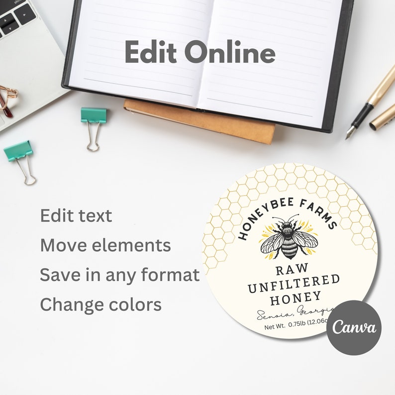 Honey Sticker Template Editable, Bee Label for Honey Jar Lid, 2.5 ...