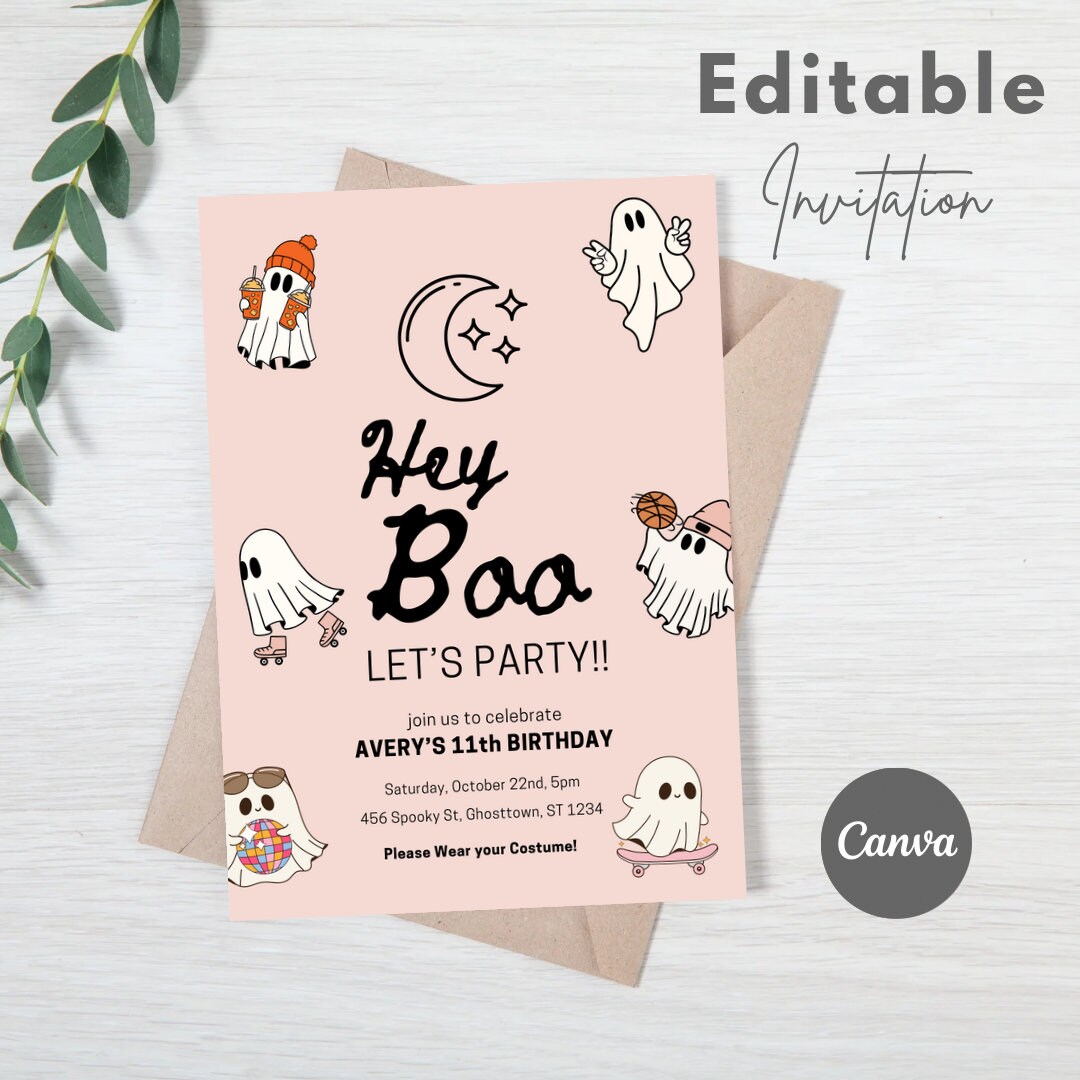 Halloween Birthday Party Invitation Template, Hey Boo Invitation ...