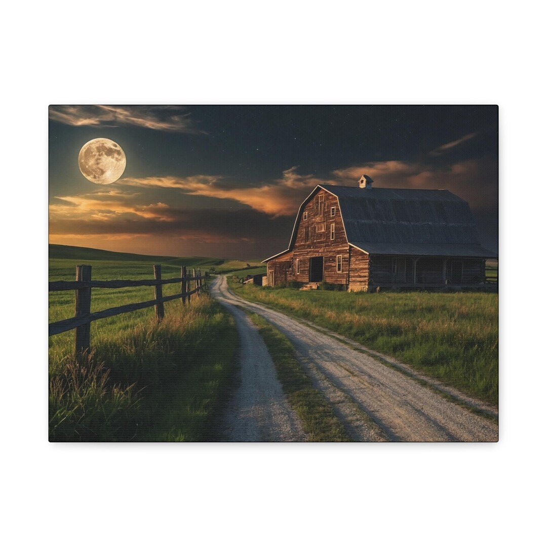 Moonlit Farmhouse: Serene Canvas Art, Farmhouse Night Scene, Moonlight ...