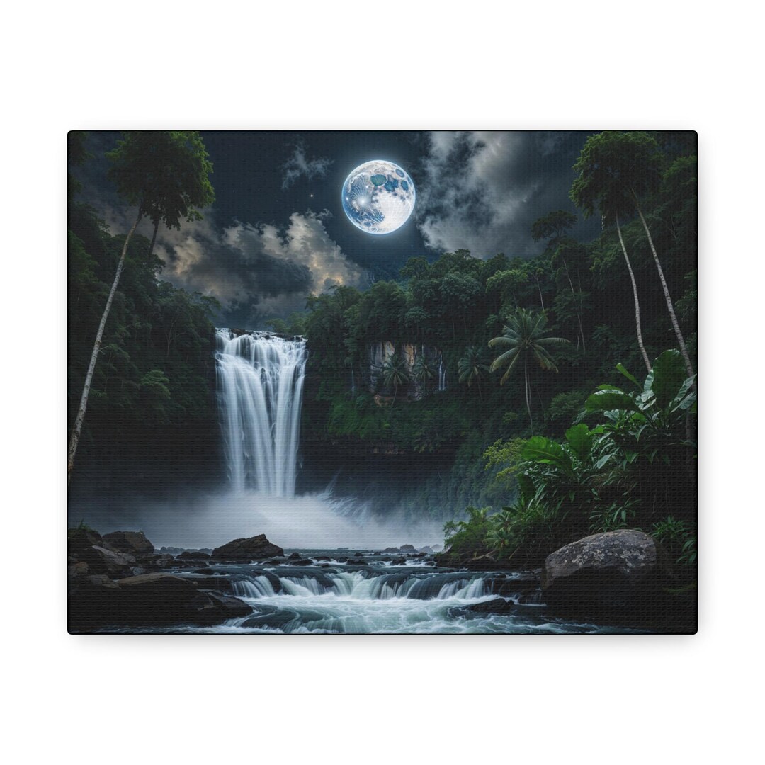 Moonlit Cascade, Jungle Art, Moonlit Waterfall, Waterfall Canvas, Nature Wall Art, Forest ...