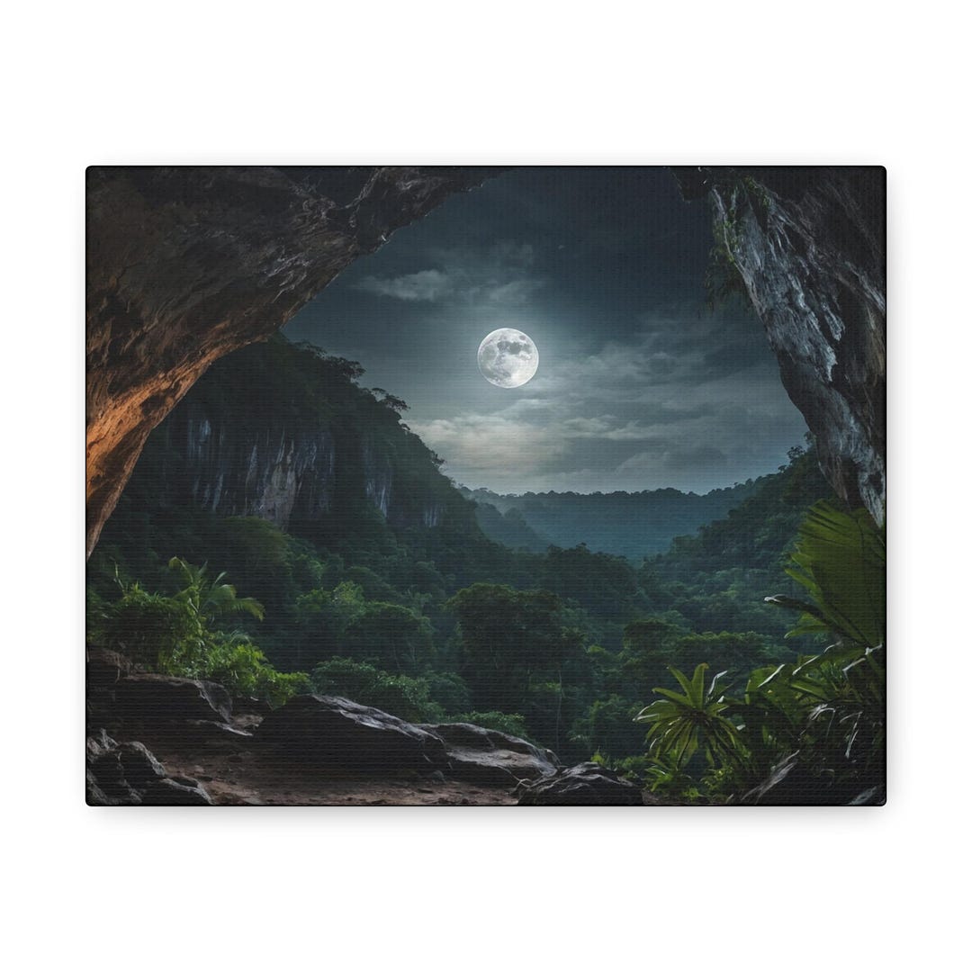 Moonlit Vista, Cave View, Enchanted Jungle Canvas, Jungle From Cave Art ...