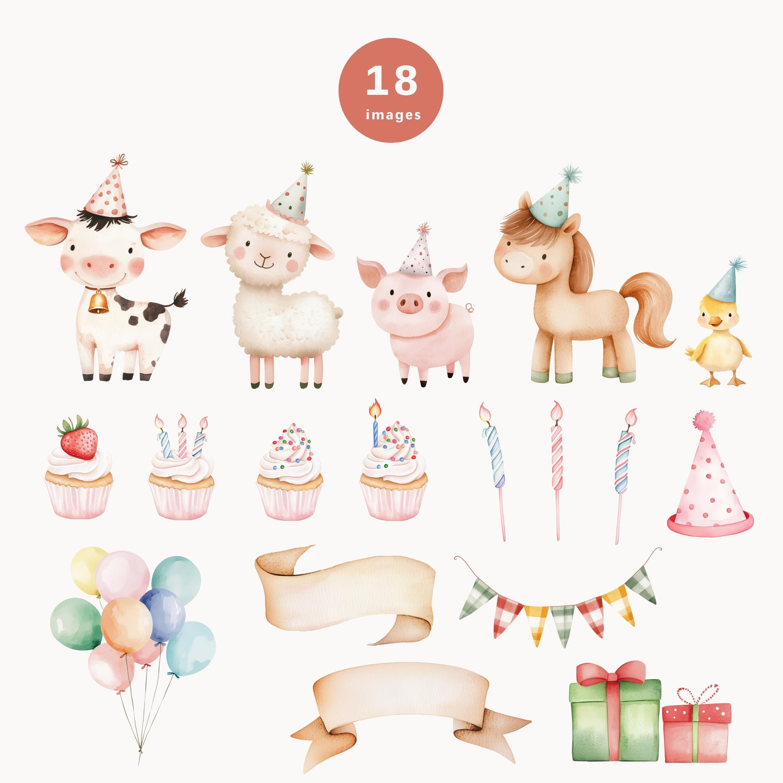 Cute Farm Birthday Clipart, Watercolor Clipart for Commercial Use, Farm ...