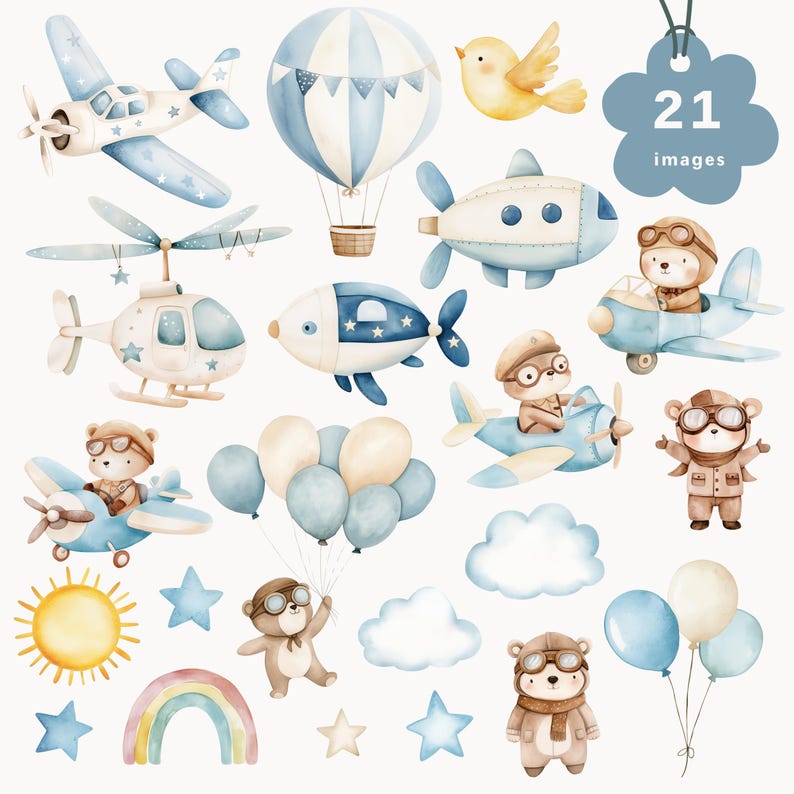 Airplane Watercolor Clipart Set, Cute Animals Illustration,cute Pilot ...