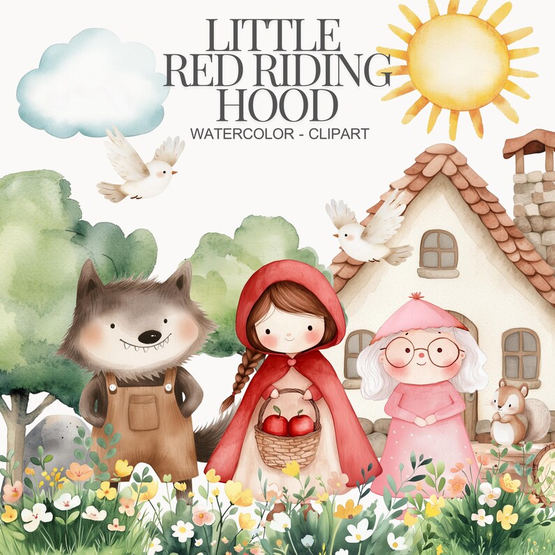 Fairy Tale Clipart Bundle, Watercolor Clipart, Little Red Riding Hood ...