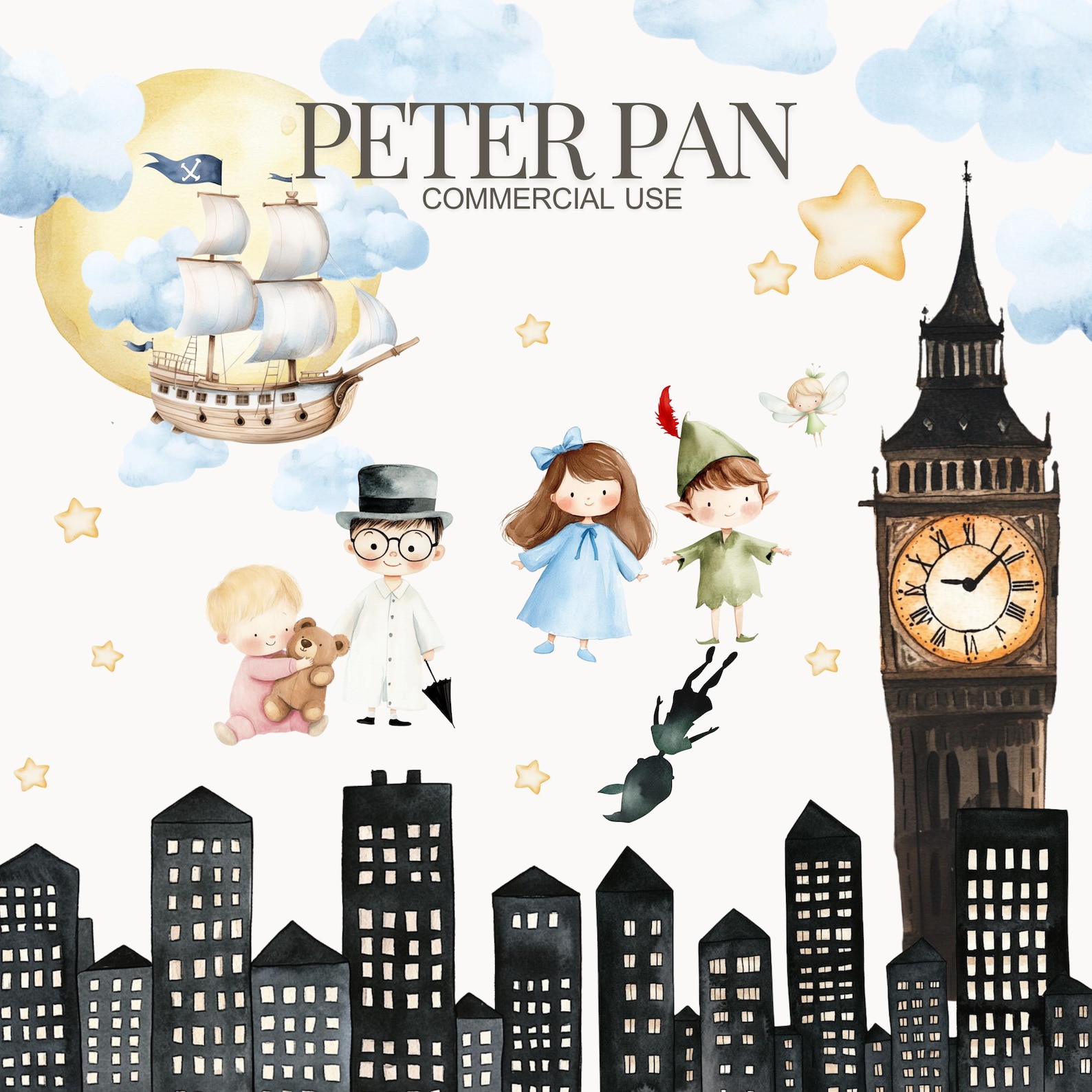 Peter Pan Watercolor Clipart, Fairy Tale Clip Art, Cute Tinkerbell ...