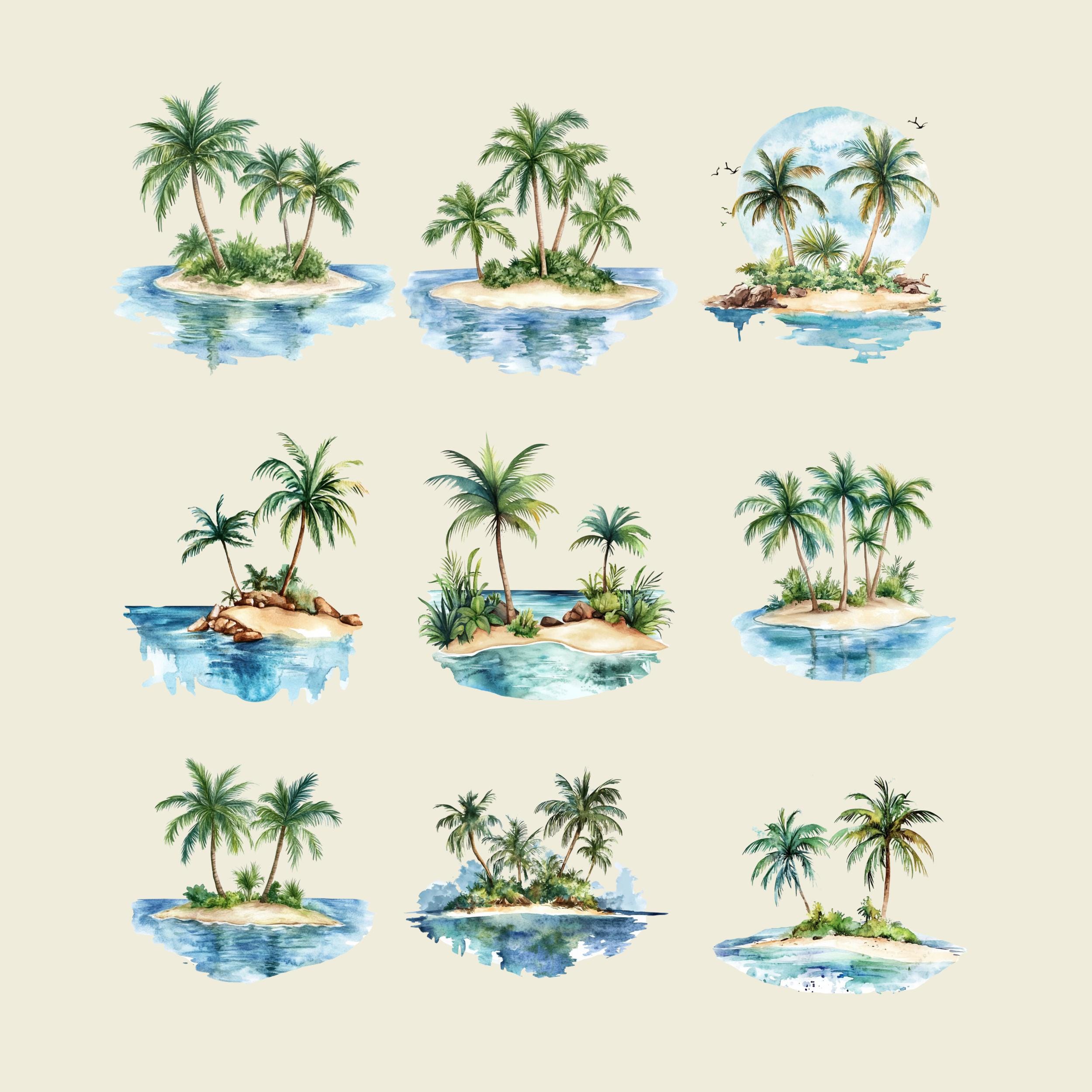 Watercolor Tropical Island Clipart, Vintage Beach Clip Art Bundle ...