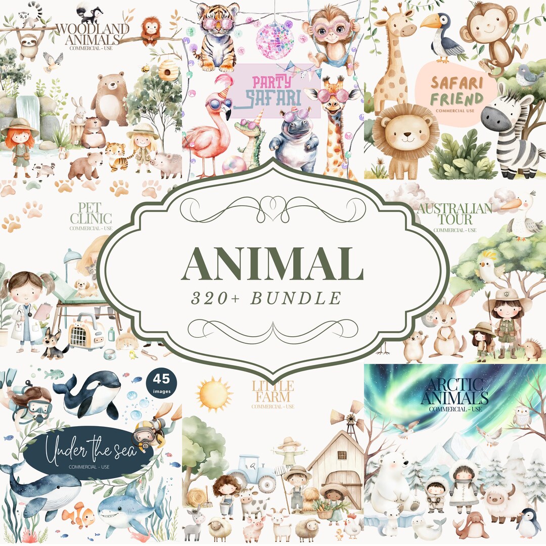 Cute Animals Clipart Bundle, Watercolor Clipart, Animal Nursery ...
